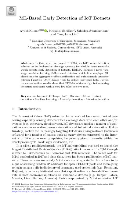 Pdf Ml Based Early Detection Of Iot Botnets