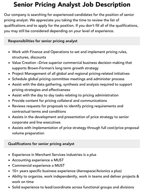 Senior Pricing Analyst Job Description Velvet Jobs