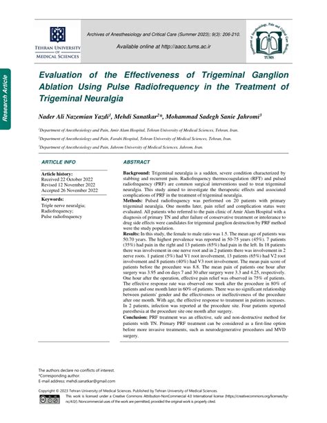 Pdf Evaluation Of The Effectiveness Of Trigeminal Ganglion Ablation Using Pulse Radiofrequency