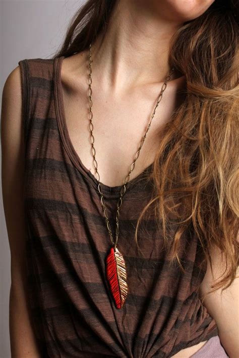 Red And Gold Feather Necklace Gold Feather Pendant Necklace Red