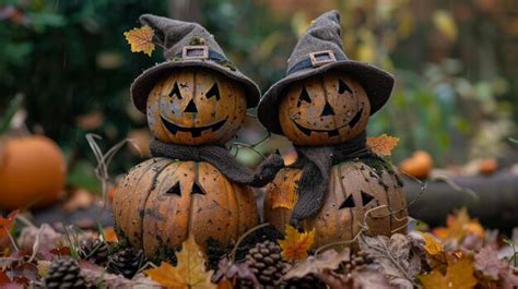 Two Pumpkins Are Sitting On Top Of A Pile Of Pine Cones Premium Ai