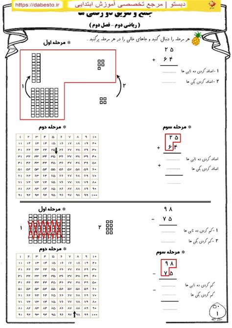 آزمون ریاضی دوم ابتدایی جمع و تفریق دو رقمی ها دبستو