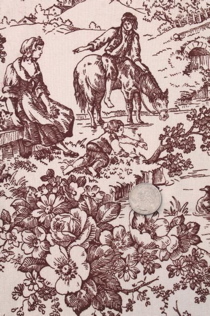Vintage Fabric Rustic Country French Style Toile Print Brown