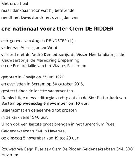 Avis De Décès De Clem De Ridder Décédé Le 30 10 2013 à Bertem Annonce Condoléances Fleurs