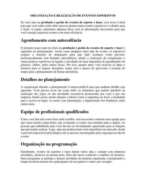 OrganizaÇÃo E RealizaÇÃo De Eventos Esportivos Esportes Planejamento