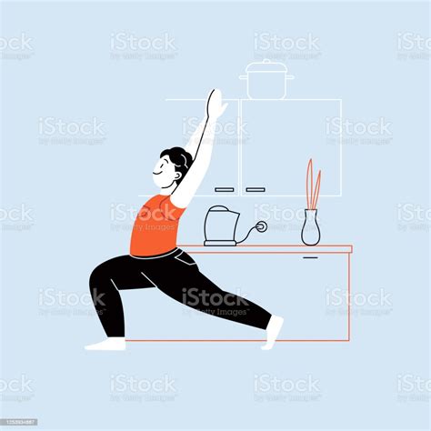 배경에 홈 인테리어와 요가를 연습하는 사람의 평면 및 라인 문자 그림 가구에 대한 스톡 벡터 아트 및 기타 이미지 가구