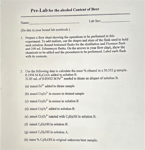 Solved Pre Lab For The Alcohol Content Of Beer Nname Nlab