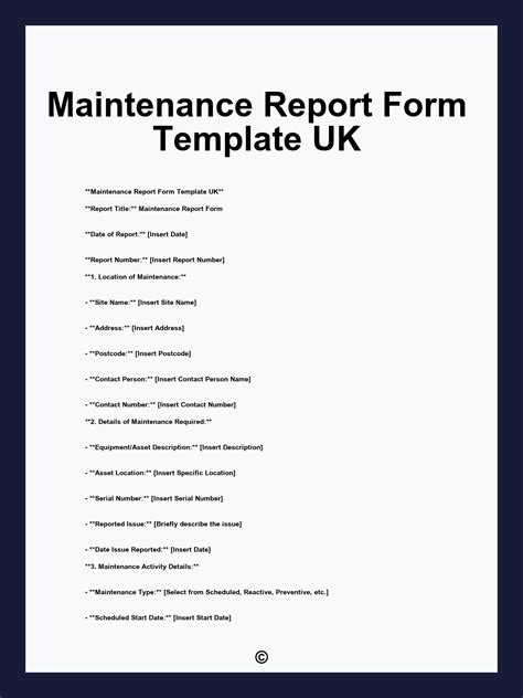 Maintenance Report Form Template Uk