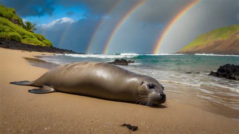 Aloha Reflections A Hawaiian Monk Seal Beneath A Colorful Arc Stock