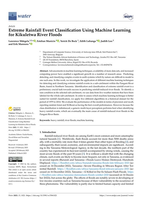 Pdf Extreme Rainfall Event Classification Using Machine Learning For Kikuletwa River Floods