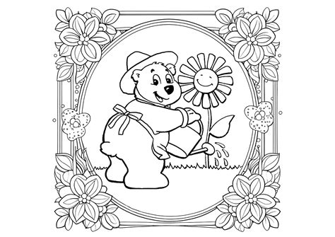 Urso A Regar Uma Flor Num Cenário Florido Páginas De Ursos E Filhotes Para Colorir Para Crianças