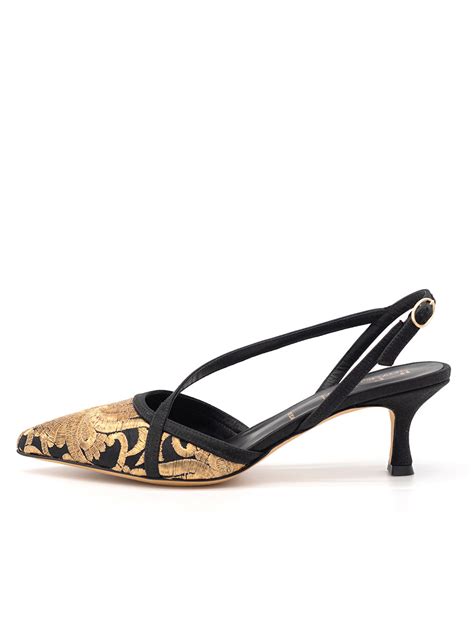 Something Bleu Sevey Pointed Toe Slingback Kitten Heel Black And Gold