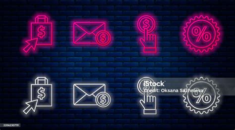 동전 달러 동전을 들고 있는 손 쇼핑 가방 달러 및 할인 비율 태그가 있는 라인 봉투를 설정합니다 벽돌 벽에 빛나는 네온 아이콘입니다 벡터 가격에 대한 스톡 벡터 아트 및