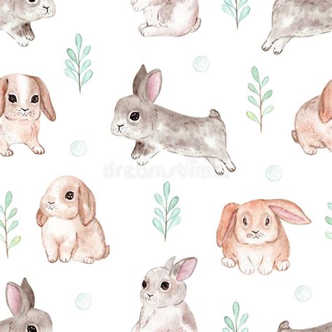 Watercolor Cute Bunnies And Floral Seamless Pattern On White Background