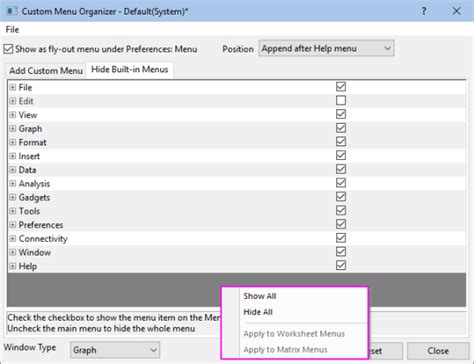 Help Online Origin Help The Custom Menu Organizer Dialog Box