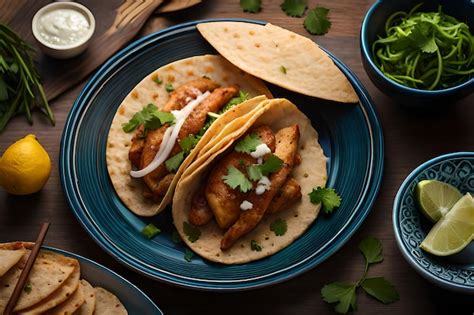 Premium Ai Image A Plate Of Tacos With A Side Of Cilantro And A Bowl
