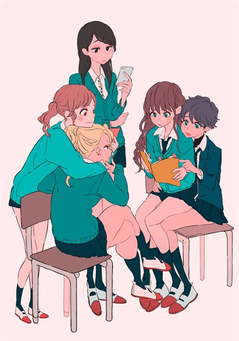 Safebooru 5girls Aqua Cardigan Bare Legs Black Eyes Black Hair Black