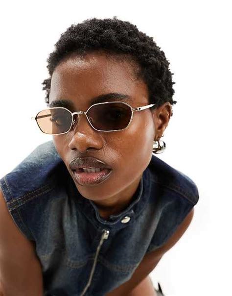 Asos Design 90s Metal Angular Sunglasses In Gold Asos