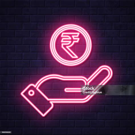 Indian Rupee Coin In Hand Glowing Neon Icon On Brick Wall Background