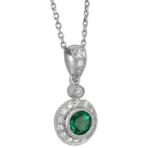 14k White Gold Round Emerald And Diamond Pendant 18 Borsheims