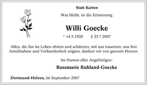 Traueranzeigen Von Willi Goecke Trauer In Nrwde
