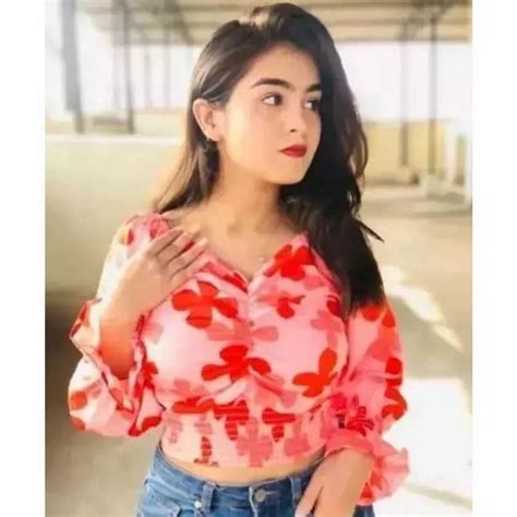 Red Base Cotton Long Sleeves Women Printed Crop Top Full Sleeve At