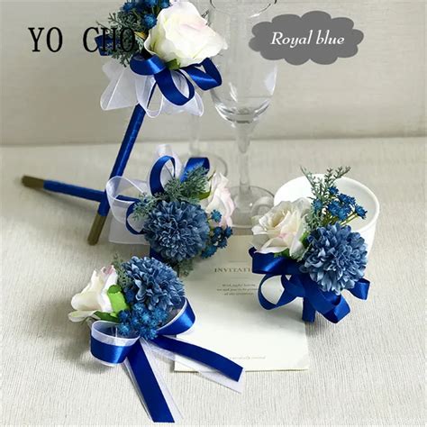 Yo Cho 신부 들러리 웨딩 실크 장미 꽃 신랑 Boutonniere 신부 손목 꽃다발 팔찌 파티 장식 브로치 손 꽃