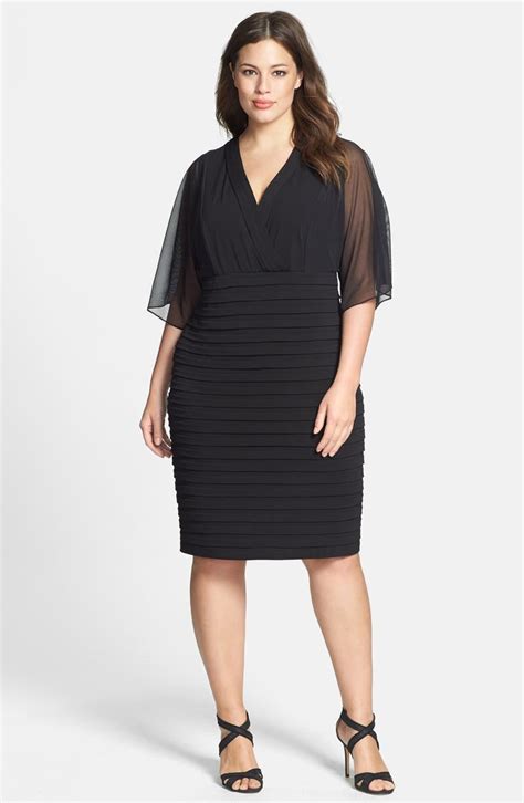 London Times Sheer Sleeve Shutter Pleat Matte Jersey Dress Plus Size