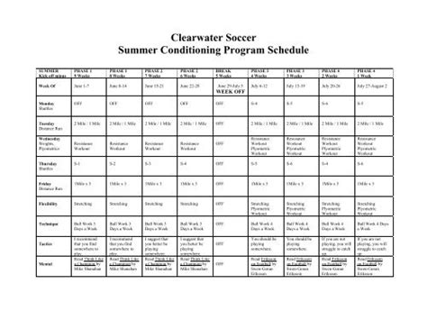 Summer Conditioning Program Schedule