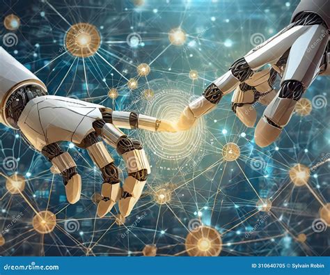 hands of robot touching on big data network connection background stock