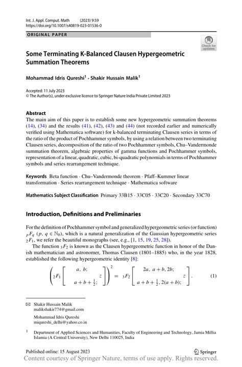 Some Terminating K Balanced Clausen Hypergeometric Summation Theorems Request Pdf