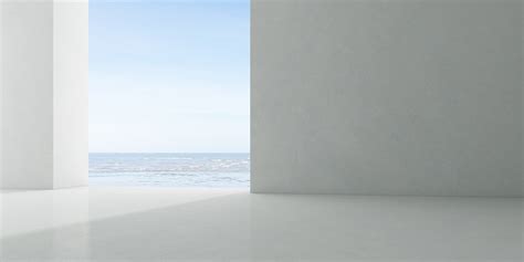 태양 빛이있는 콘크리트 인테리어의 추상적 인 바닥에 그림자를 드리움 기하학적 구조 디자인 바다 전망 배경의 박물관 공간 잔인한 건축의 관점 3d 렌더링 건축에 대한 스톡