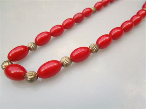 Vintage Red Beaded Necklace With Gold Spacers Plastic Oval