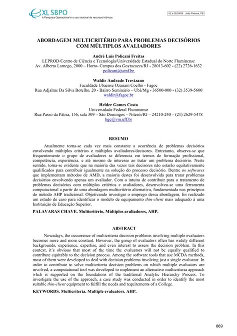 Pdf Abordagem MulticritÉrio Para Problemas DecisÓrios Com MÚltiplos