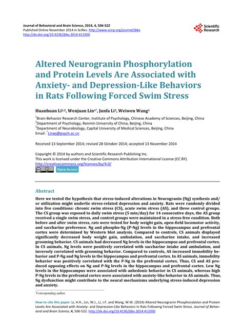 Pdf Altered Neurogranin Phosphorylation And Protein Levels Are Associated With Anxiety And