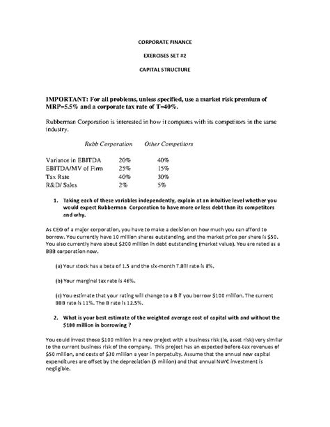 Exercises Set 2 Capital Structure Corporate Finance Exercises Set