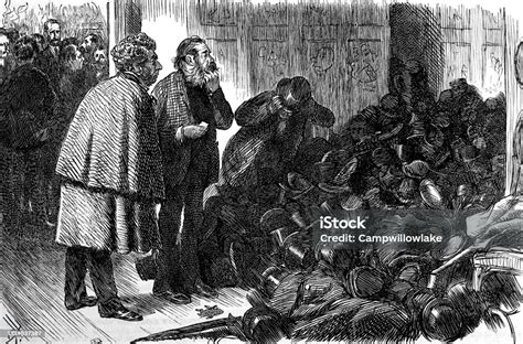 영국 풍자 만화 캐리커처 일러스트레이션 탑 모자와 코트의 큰 더미를 보고 있는 남자 1869년에 대한 스톡 벡터 아트 및 기타