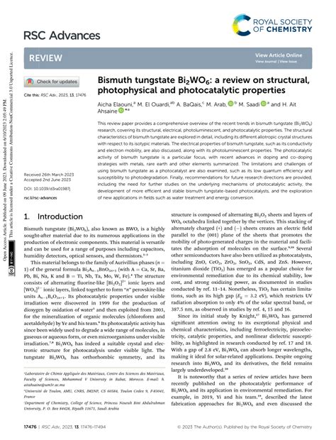 Pdf Bismuth Tungstate Bi 2 Wo 6 A Review On Structural Photophysical And Photocatalytic