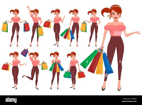 Shopping Woman Vector Character Set Girl Cartoon Character Holding