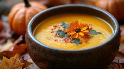 Vibrant Carrot Soup With Herbs And Edible Flowers On A Rustic Table