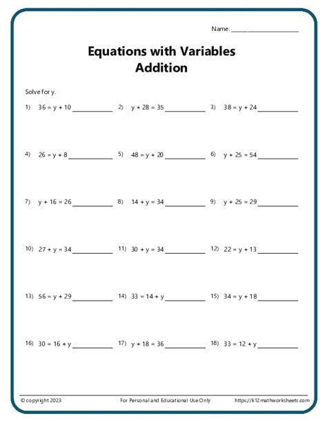 Variable Equations Worksheets