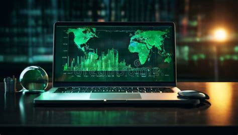 Laptop Displaying World Map With Data Visualization In Dark Office Stock Image Image Of