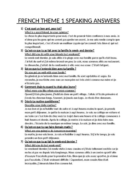 Theme 3 Speaking Answers French Theme 3 Speaking Answers Dans Quel