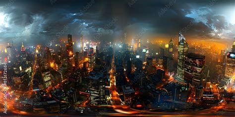 HDRI Equirectangular Projection Of Cyberpunk Night City For 3D Scene