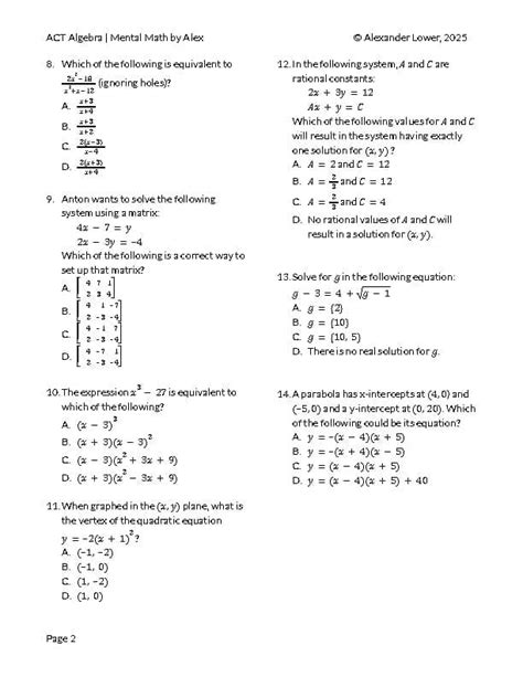 Act Math Test Prep 2025 26 Algebra 21 Questions Key Solutions