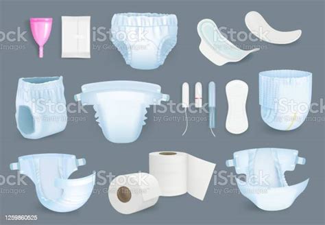 위생 제품 매일 편안한 기저귀 화장지 냅킨 타월 탐폰 여성 패드 벡터 사실컬렉션에 부드럽고 신선한 위생 용품 만화에 대한 스톡 벡터 아트 및 기타 이미지 Istock