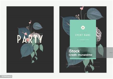 이벤트 초대 카드 템플릿 디자인 다양한 꽃과 나뭇잎 아트 콜라주 녹색 톤 0명에 대한 스톡 벡터 아트 및 기타 이미지 0명