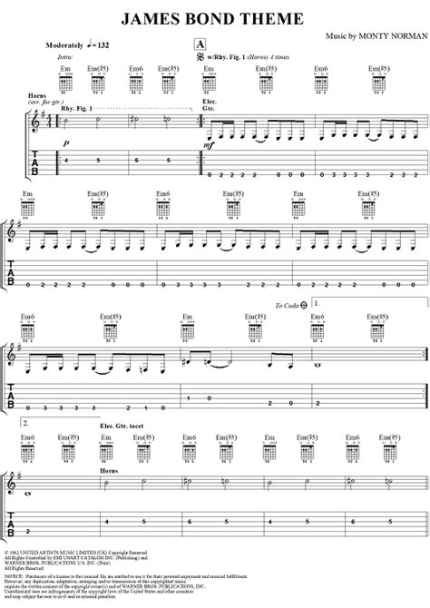 The James Bond Theme Sheet Music By Monty Norman For Guitar Tab
