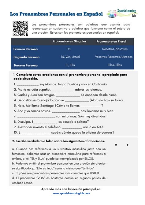 Subject Pronouns In Spanish PDF Worksheet Spanish Reading