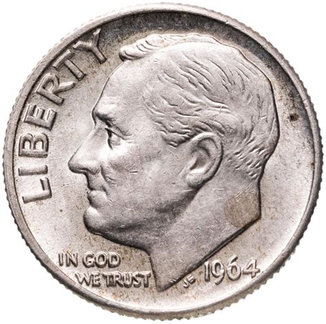 Монета США 1 дайм 1964 "Silver Roosevelt Dime" стоимостью 915 руб.
